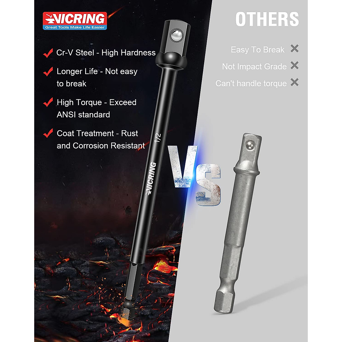 Impact Socket Adapter Set Impact Driver Socket Extension Set 1/4 3/8 1/2 Drive Socket Adapter for Drill Hex Shank Socket Driver set Turn Impact Drill Into High Torque Impact Wrench (6Pcs, 3" & 6")