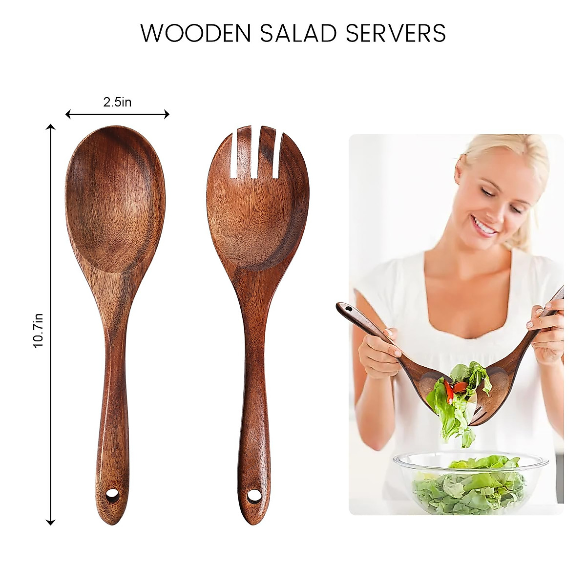 LOVEINUSA Salad Servers, 10.7in Wood Salad Tongs Salad Serving Set Salad Serving Tossing Utensils for Mixing, Tossing and Cooking