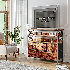 EnHomee Dresser TV Stand Entertainment Center with Fabric Drawers Media Console Table with Wood Open Shelves for 50" TV Storage Drawer Dresser for Bedroom, Living Room, Entryway, Rustic Brown