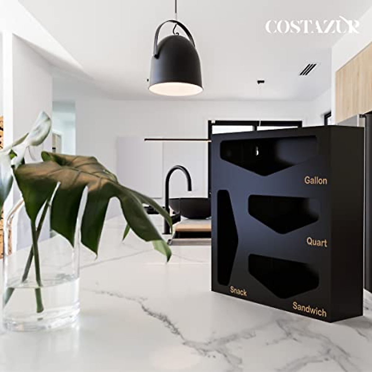 COSTAZUR Ziplock Bag Storage Organizer- Acrylic Black - Bag Organizer for Snack, Sandwich, Quart & Gallon Size - Fits in Kitchen Drawer, Cabinet or Wall Mount with Hardware - Housewarming Gift