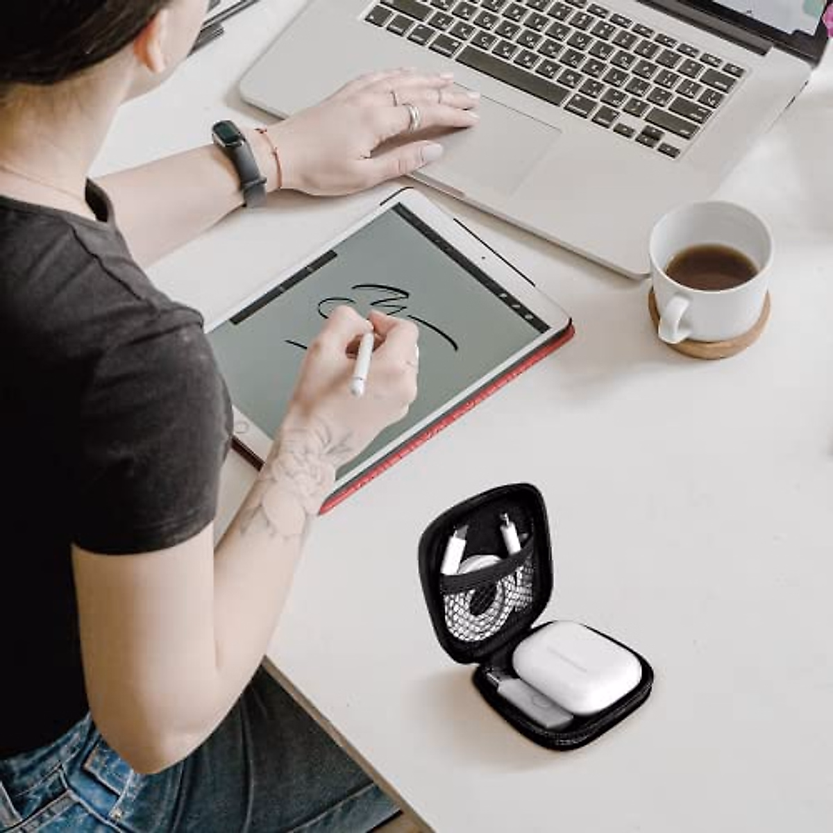 Woyinger Square Earbud Case Portable EVA Carrying Case Storage Bag Cell Phone Accessories Organizer with Carabiner for Earphone, Earbud, Earpieces, SD Memory Card, Camera Chips,Black