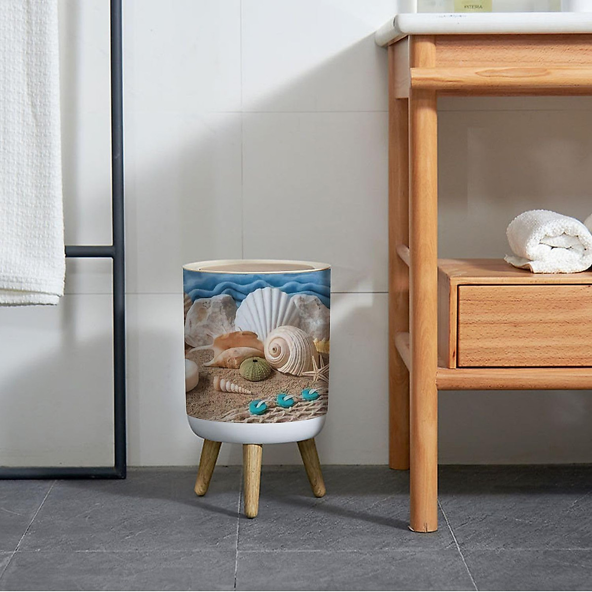 Small Trash Can with Lid for Bathroom Kitchen Office Diaper decoration Seashells shell a sea urchin a beach sand are decorated Bedroom Garbage Trash Bin Dog Proof Waste Basket Cute Decorative