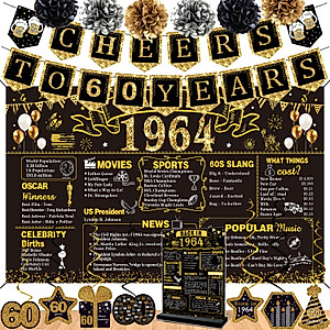 60th Birthday Decorations for Men Women,16PCS Back in 1964 Party Banner Decorations,Including Vintage 1964 Backdrop,Cheers to 60 Years Banner,7 Hanging Swirl,1964 Poster Anniversary Card,6 Paper Poms
