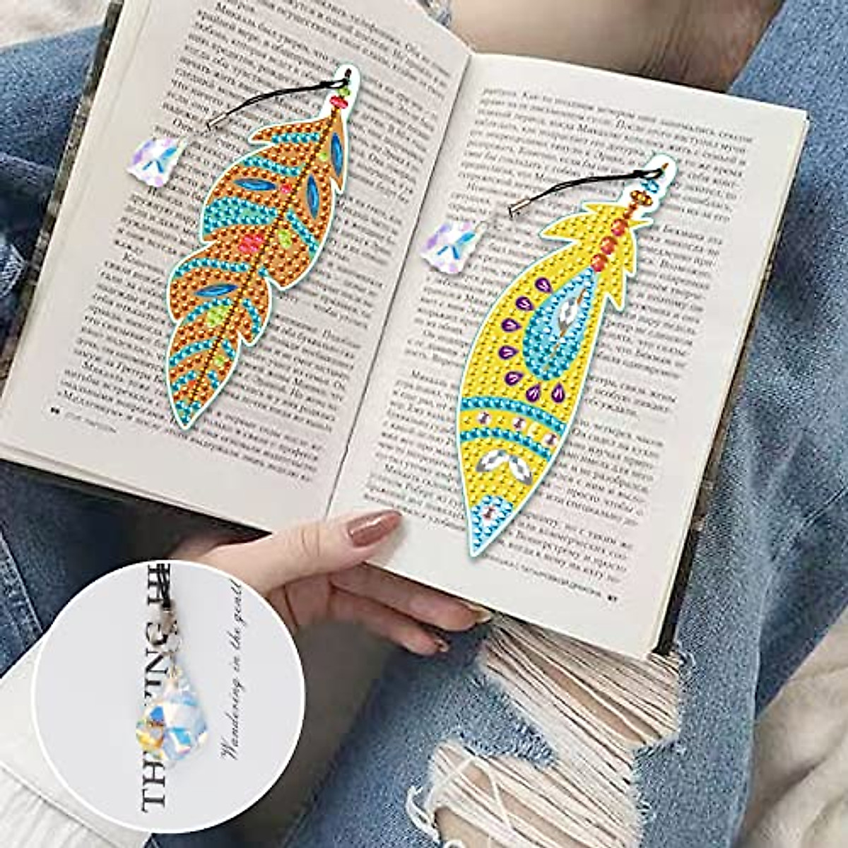 pigpigboss Feather Bookmark Diamond Painting Set 6 PCS PVC Diamond Painting Bookmark with Pendant Peacock Feather Bookmark Diamond Painting Art Graduation Gift