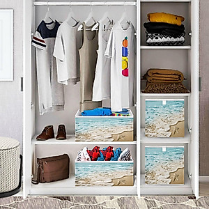 QUGRL Starfish Ocean Wave Cube Storage Bins Organizer Summer Beach Clothes Toy Storage Basket Box for Shelves Closet Cabinet Office Dorm Bedroom 11x11 in
