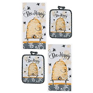 DHE Bee Happy Yellow and Gray 4 Piece Kitchen Towel and Potholder Bundle,Multi-colored