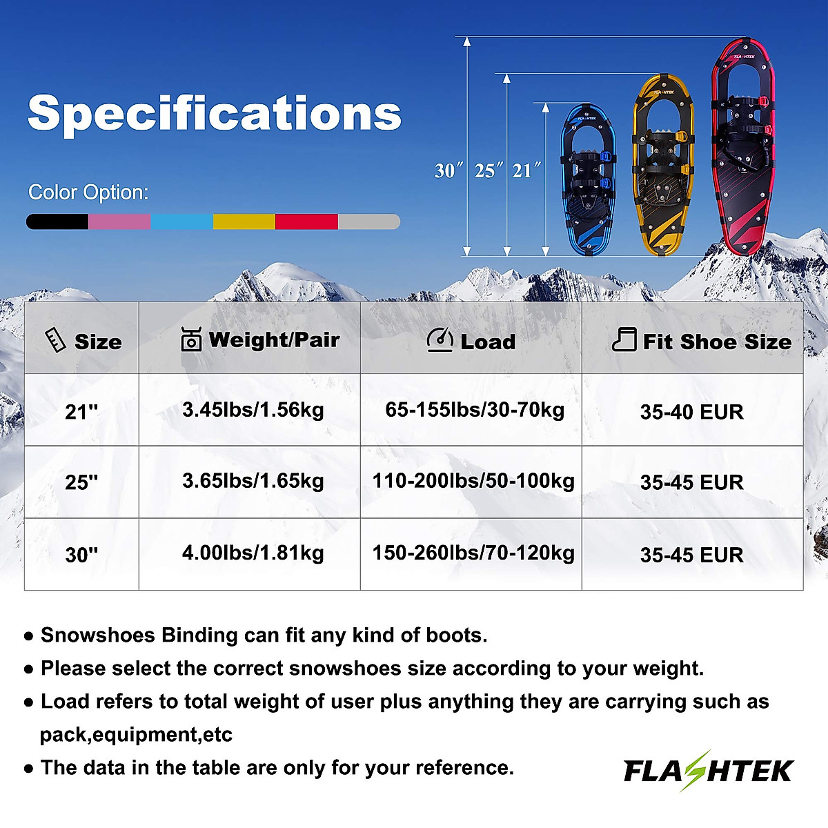 FLASHTEK 21/25/30 Inches Light Weight Snowshoes for Women Men Youth Kids, Aluminum Terrain Snow Shoes. (25", Honeycomb Black)