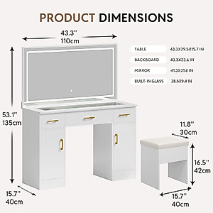 WAYES 43.3" Clear Glass Top Makeup Vanity Desk Set with LED Mirror, Charging Station, and Storage Stool, Modern, White