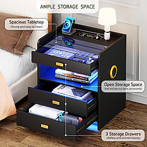 Nightstands with LED Lights, Smart Night Stand with Bluetooth Speakers & Body sensors, Modern Side Tables with Wireless Charging Stations,Black Bedside Table with Drawers (Black)