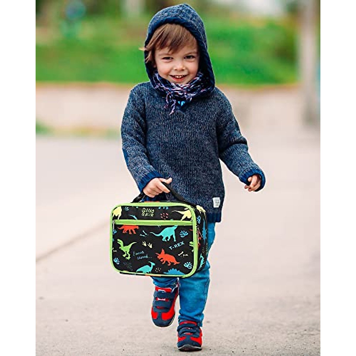 Bagseri Lunch Box, Kids Insulated Lunch Box for Boys, Portable Reusable Toddler Lunch Cooler Bag Thermal Organizer, Water-resistant Lining (Black, Dinosaur)
