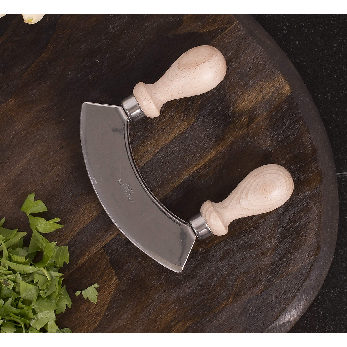 Fantes Double Mezzaluna Vegetable Chopper Rocking Knife, 5.5-Inch Stainless Steel Blade with Beechwood Handles, The Italian Market Original since 1906,Brown