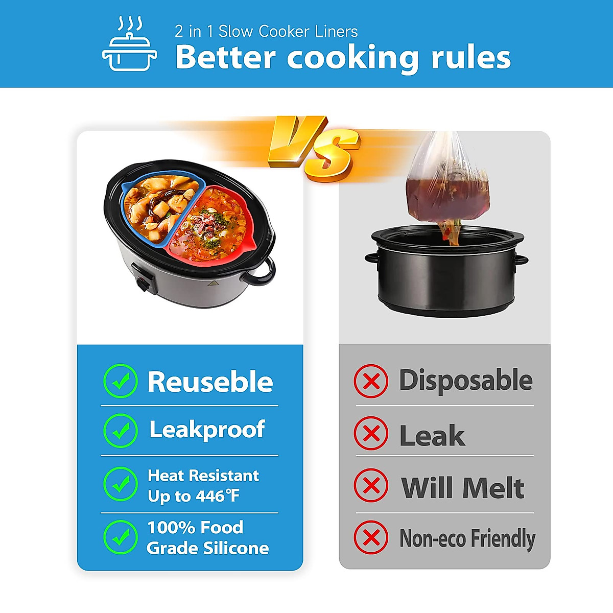 Slow Cooker Liners, Silicone Crock Pot Liners Compatible with Crockpot, Reusable Slow Cooker Divider Insert for 6-8 Quart Crock Pot, Safe Cooking Liner, BPA Free, Easy Cleanup