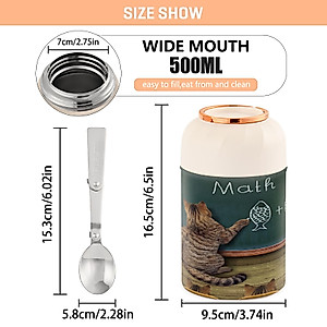 CUPADA Funny Cat Teacher Food Jar, Math Lesson Insulated Hot Food Jars Vacuum 17OZ with Folding Spoon for Work Trip Picnic Camping