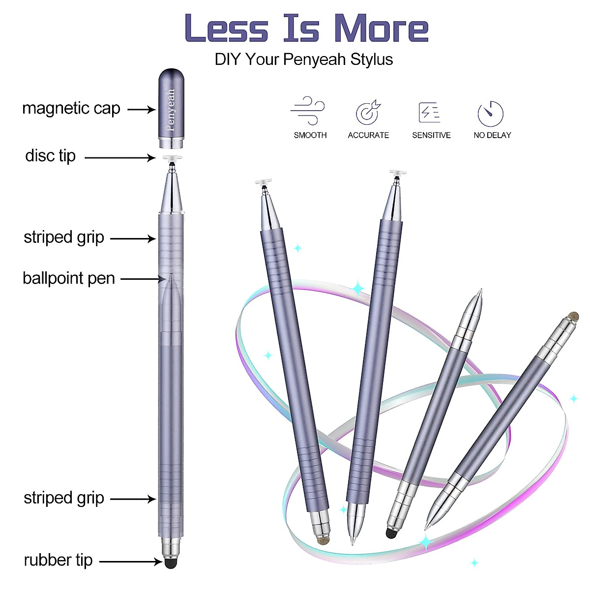 Stylus Pen for Touch Screens, Penyeah 3 in 1 Magnetic Disc/Rubber/Hard Mesh Tip Stylus,Universal High Precison Touch Screen Pen Stylist for All Capacitive Touch Screens-Gray