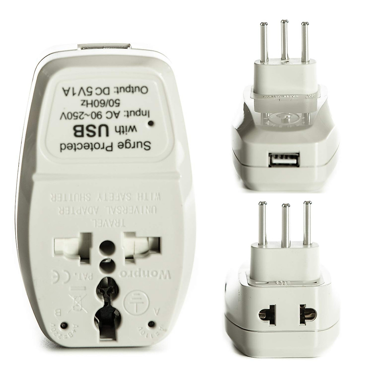 OREI 3 in 1 Italy Travel Adapter Plug with USB and Surge Protection - Grounded Type L - Italy & More - CE Certified - RoHS Compliant WPU-L-GN