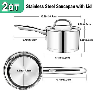 Homikit 2QT Saucepan with Lid, 2 Quart Stainless Steel Small Sauce Pan, Tri-ply Composite Bottom, Heavy Duty Induction Cooking Pot for Warming Milk, Making Pasta, Boiling Soup, Dishwasher Safe