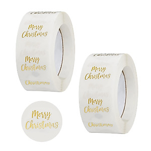 NUOMI 1000 PCS Merry Christmas Stickers Round Adhesive Seal Labels Gold Foil Stamping on Clear for Xmas Decor Envelope Cards Gift Packaging, 1 Inch