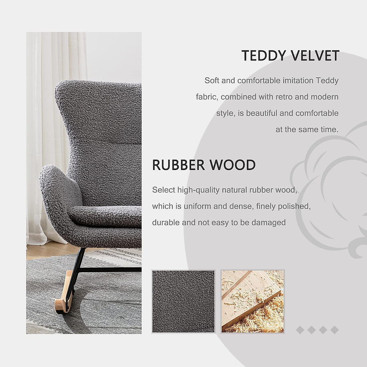 Qtivii Modern Rocking Chair, Comfy Uplostered Accent Chair with High Backrest and Armrests, Rocker Glider Chair for Nursery(Grey)