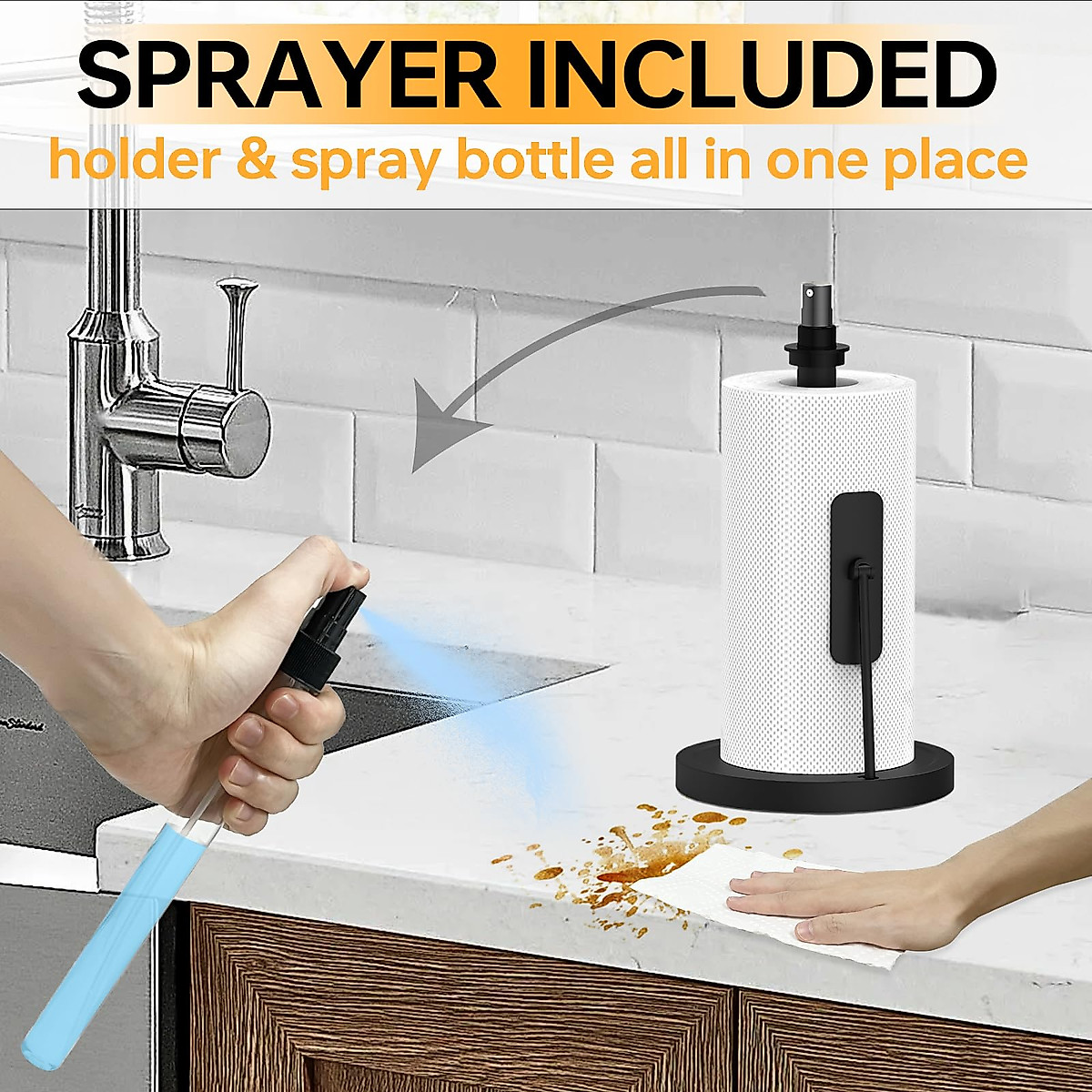 Manduoye 2 in 1 Paper Towel Holder with Spray Bottle, Paper Towel Holder One-Handed Operation with Non Slip Weighted Base, Paper Towel Holder Countertop for Kitchen and Bathroom (Black)