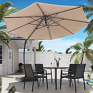 LAUSAINT HOME Outdoor Patio Umbrella with Base included, 11 FT Deluxe Curvy Cantilever Umbrella Heavy Duty Offset Hanging Umbrella with 360° Rotation for Market, Pool, Garden, Backyard, Deck (Beige)