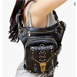 Wendingstan Rock Leather & Vintage Gothic Retro Steampunk Handbag Victorian Style Shoulder Waist Bag Black, Medium
