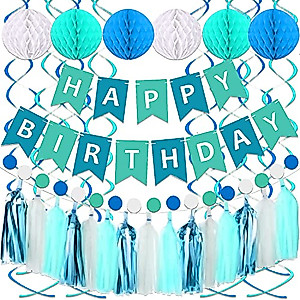 Blue Birthday Party Decorations, Blue Happy Birthday Banner for Kids Birthday Decorations, Blue Tissue Paper Tassels Garland Honeycomb Balls Swirls Streamers for Boys Girls Family Birthday Decorations