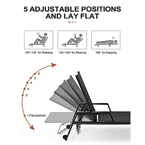 Crestlive Products Outdoor Lounge Chair with Wheels and Armrest, Extra Large Pool Lounge Chairs Set of 2, Aluminum with Adjustable 5 Backrest for Outside, Patio, Beach, Yard
