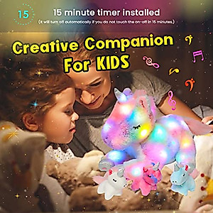 Hopearl LED Musical Stuffed Unicorn Playset Lighting Up Singing Plush Toy Mommy Unicorn with 3 Baby Unicorns in her Tummy Lullaby Animated Soothe for Mom Toddlers Girls, Rainbow, 19''