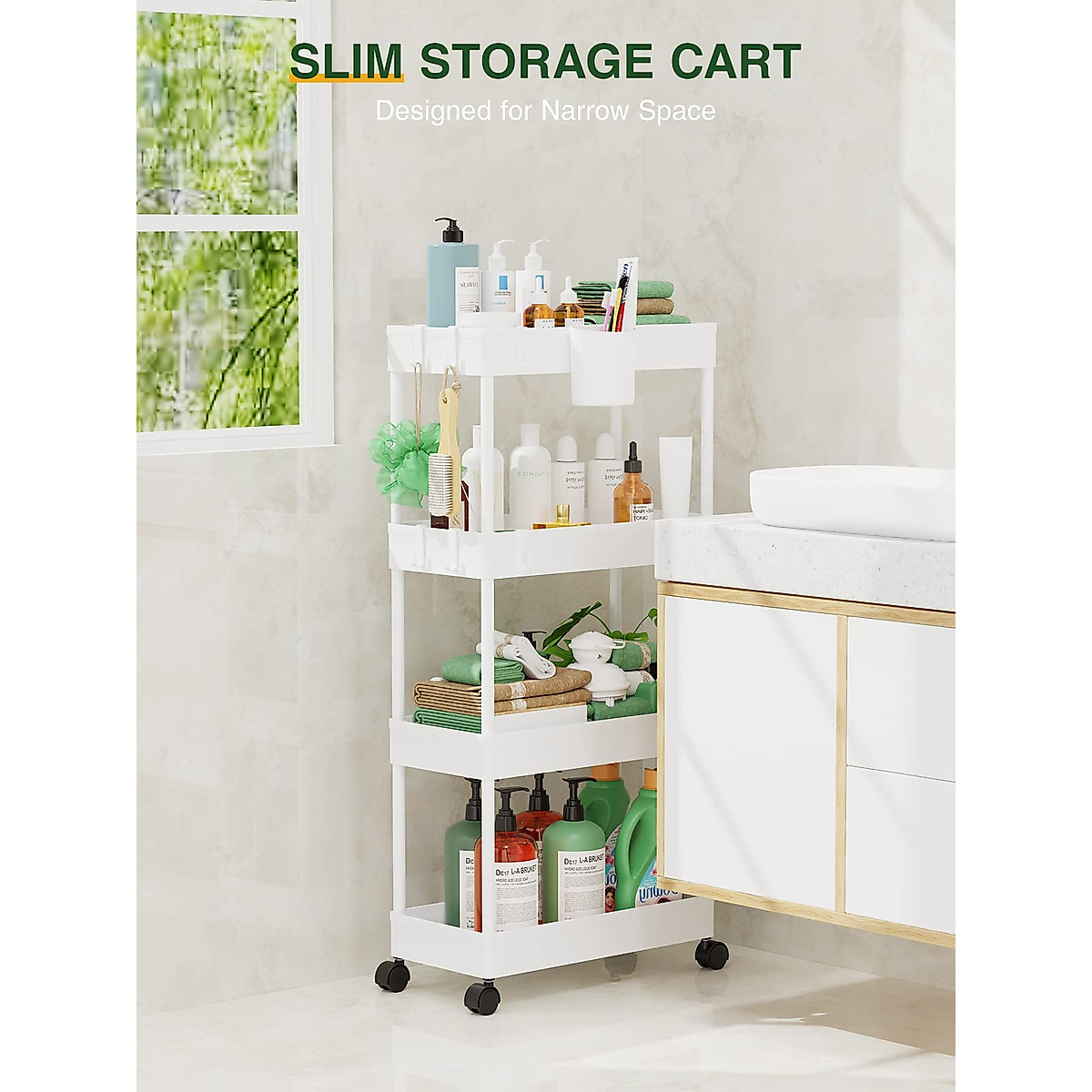 LEHOM Slim Rolling Storage Cart - 4 Tiers Bathroom Organizer Utility Cart Slide Out Storage Shelves Mobile Shelving Unit for Kitchen, Bedroom, Office, Laundry Room, Small Narrow Spaces (Pear White)