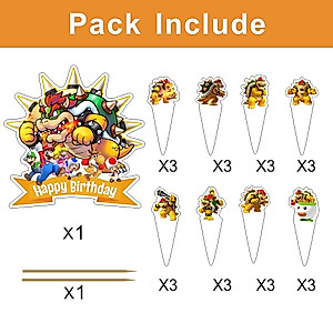 25 Pcs Bowser Cake Decorations with 24pcs Cupcake Toppers, 1pcs Cake Topper for Mario Birthday Party Supplies