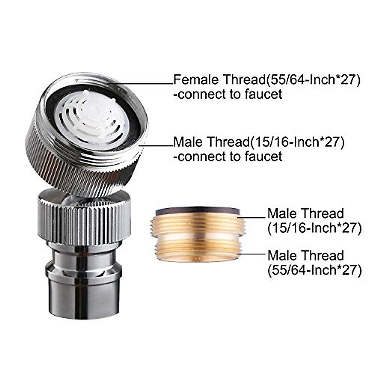 Dishwasher Faucet Adapter, Dishwasher Snap Adapter, 55/64-27 Thread with Small Diameter Nipple, Chrome Plated, Brass