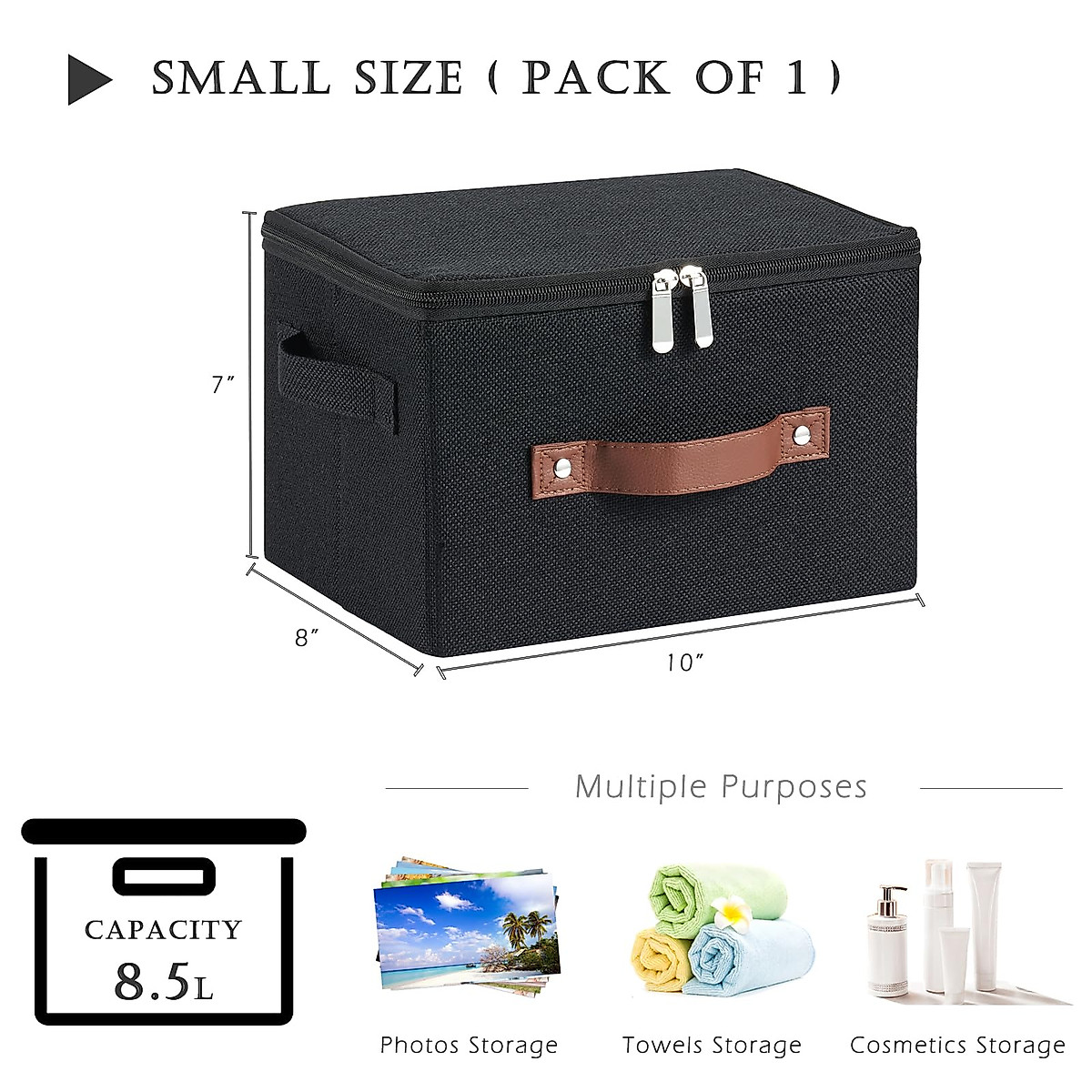 VinneGenzz Storage Bins with Zipper Lid Cotton Linen Fabric Lidded Storage Baskets Boxes Foldable Washable Closet Shelf Clothes Organizer Container with PU Leather Handles (Black, Small Size)