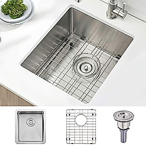 Stainless Steel Undermount Bar Sink, BoomHoze 15 x 17 Inches Small Wet Bar Sink Undermount 16 Gauge SUS304 Brushed Nickel Single Bowl Outdoor Bar Sink
