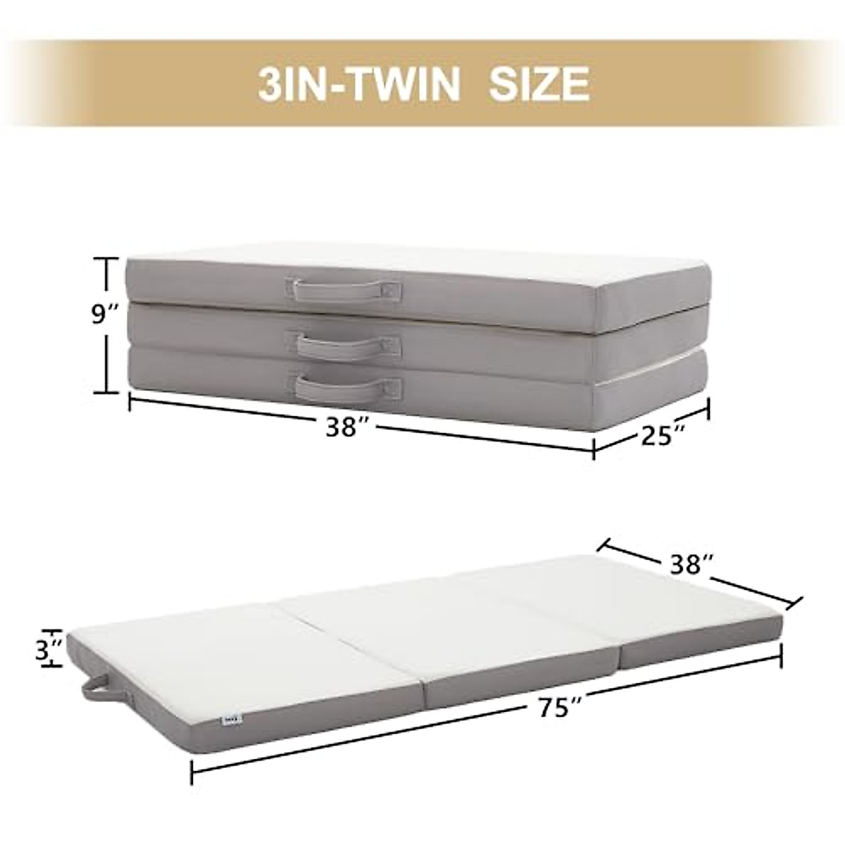 Lazyzizi Foldable Mattress, 3 Inch Memory Foam Trifold Mattress with Breathable & Washable Bamboo Fiber Fabric Cover, Folding Floor Mattress Guest Bed for Camping, Road Trip, Twin