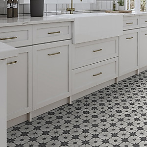 Peel and Stick Floor and Wall Tile for Bathroom Kitchen SPC Vinyl Self Adhesive Flooring Tile 9x9In Black Star Encaustic Patterned Groutble Backsplash Tile 16 Tiles, 9.12 Sq Ft.