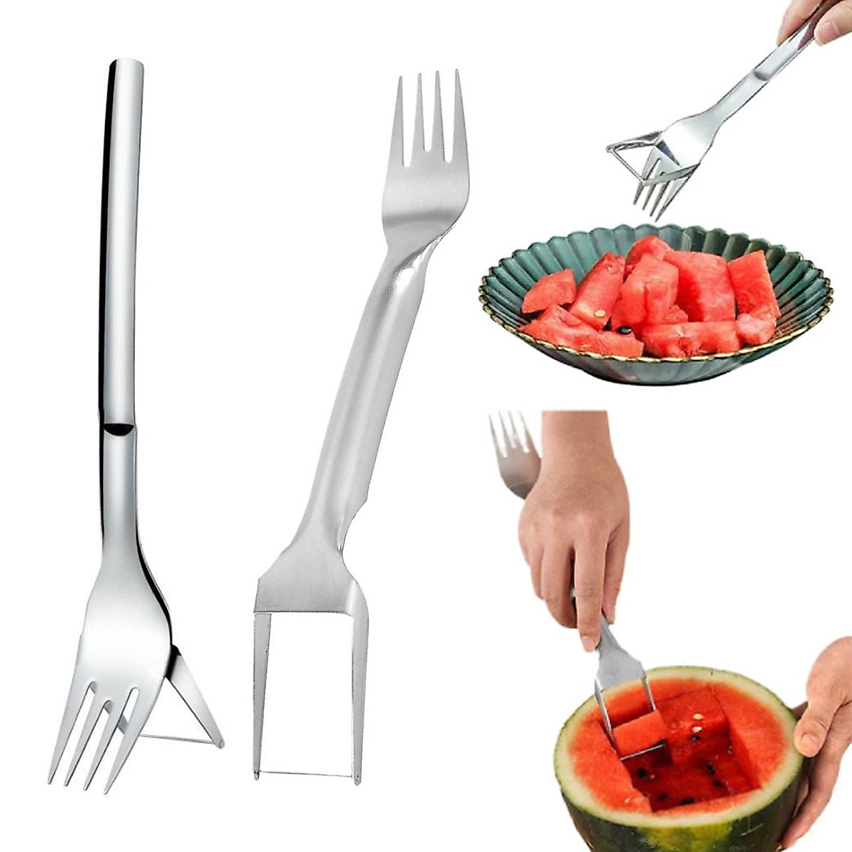 2-in-1 Watermelon Fork Slicer，Watermelon Slicer Cutter，Stainless Steel Watermelon Fork Slicer，Portable Summer Watermelon Cutting Artifact，For Family Parties Camping (A+B)