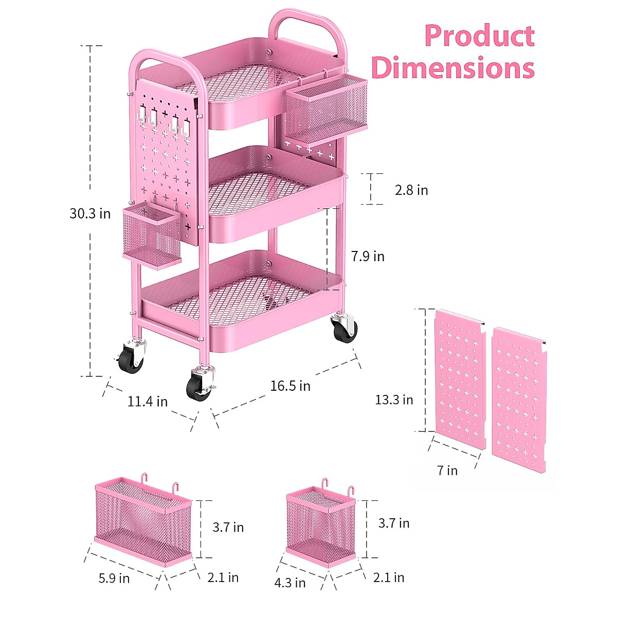 ALVOROG 3-Tier Rolling Utility Cart Movable Storage Organizer Shelves with Wheels and Hanging Cups Multifunctional Service Cart for Kitchen, Office, Coffee Bar-Black