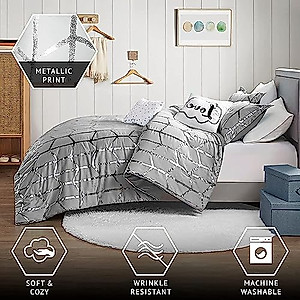 Intelligent Design Raina Comforter Microfiber Metallic Print Geometric Design Embroidered Toss Pillow Modern Trendy Casual All Season Bedding Set Matching Sham, King/Cal King, Grey/Silver 5 Piece