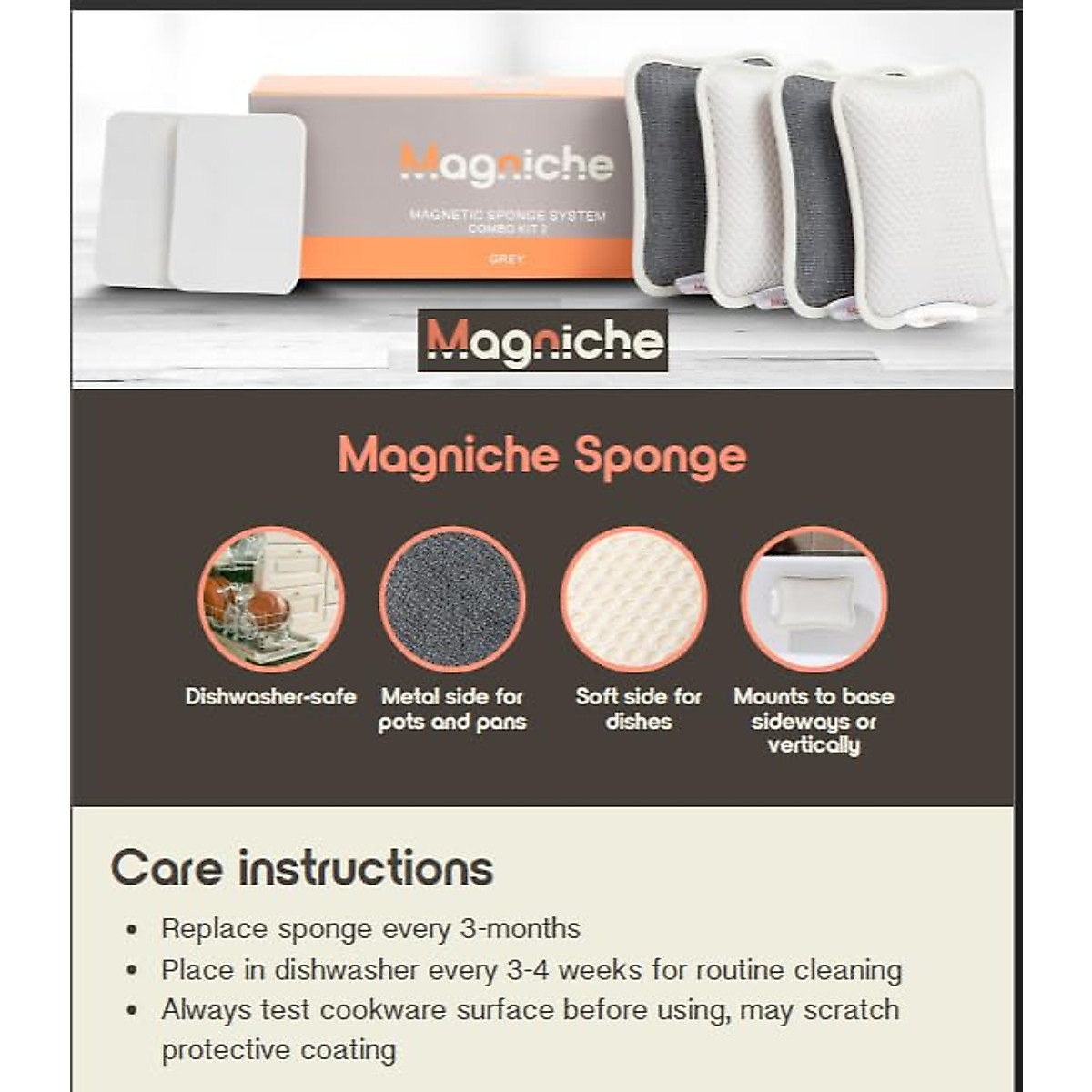 Magniche 4-Pack Premium Kitchen Sponges -REFILLS ONLY- 2-in-1 Dual-Sided Soft Cleaning Dish Sponge & Metal Scrubber, 1-Year Supply, Longer Lasting, Dishwasher Safe Sponges, Eco-Friendly (*No Magnets*)