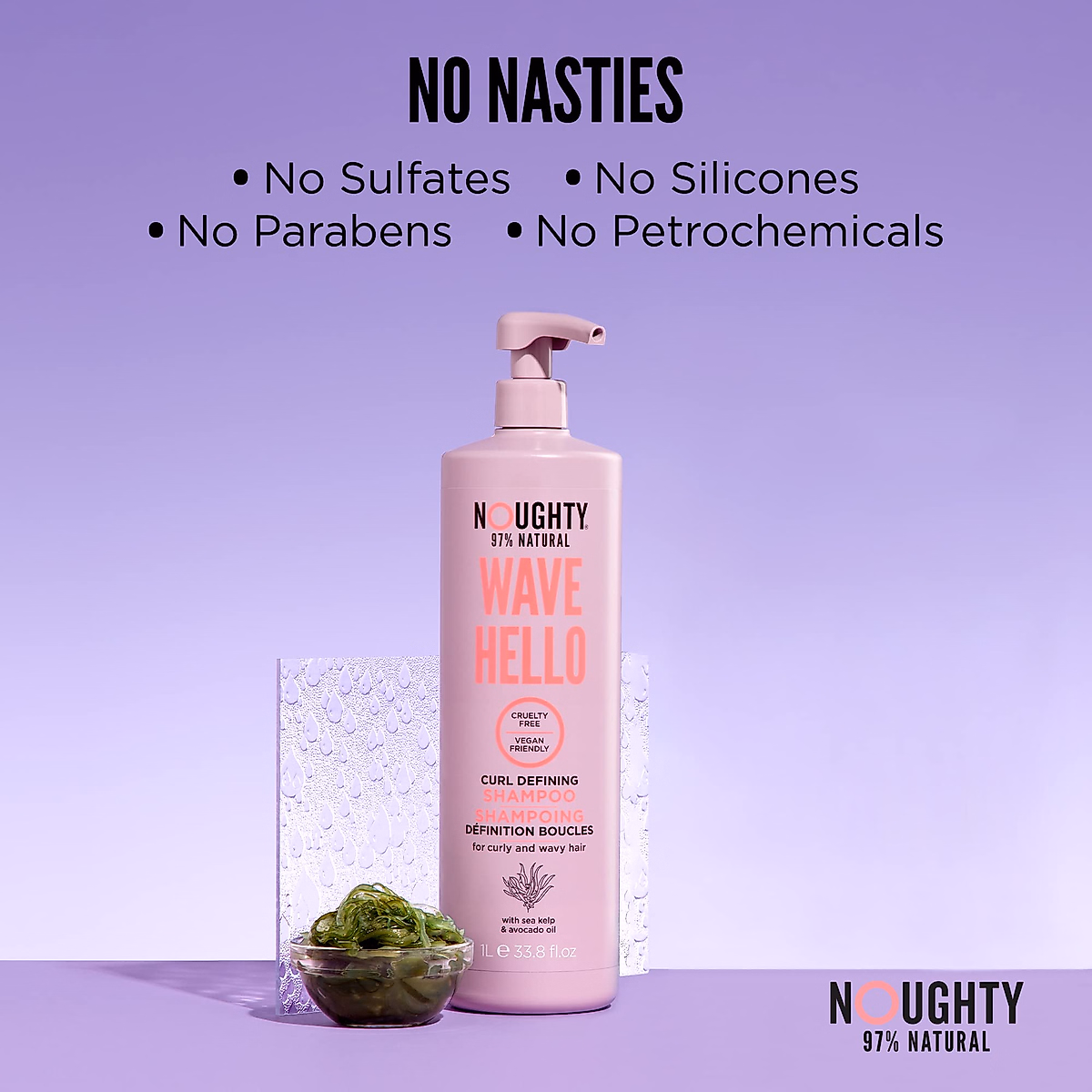 Noughty Wave Hello Curl Defining Shampoo (1L) - Vitamin Rich Formula for Curly and Wavy Hair, 97% Natural, Sulphate Free, Vegan