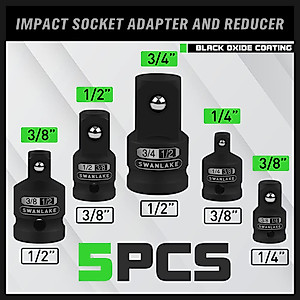 SWANLAKE 5-Piece Impact Socket Adapter Set, 1/4, 3/8, 1/2" SAE Socket Adapter, Cr-V Steel Impact Adapter Set