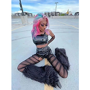 Verdusa Women's Fur Leg Warmers Furry Fuzzy Y2K Long Boot Cuff Covers Black A One-Size