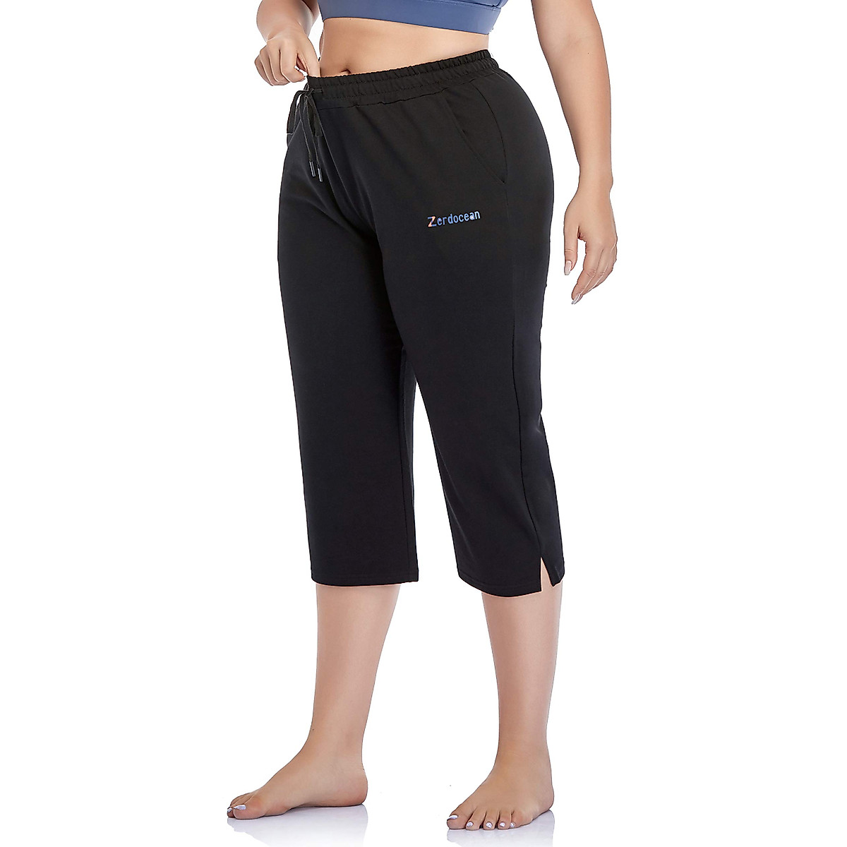 ZERDOCEAN Women's Plus Size Active Yoga Lounge Indoor Jersey Capri Walking Crop Pants with Pockets Drawstring Black 4X