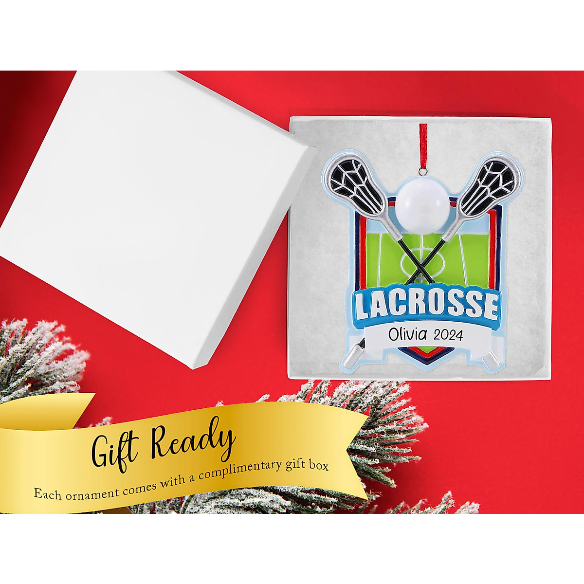 UniqXmas Personalized Lacrosse Christmas Ornament 2024 | La-Crosse Stick & Ball Xmas Tree Decoration for Girl Boy Kid | Customized Unique Keepsake Gift for LAX Player Coach Goalie | Custom Name & Year
