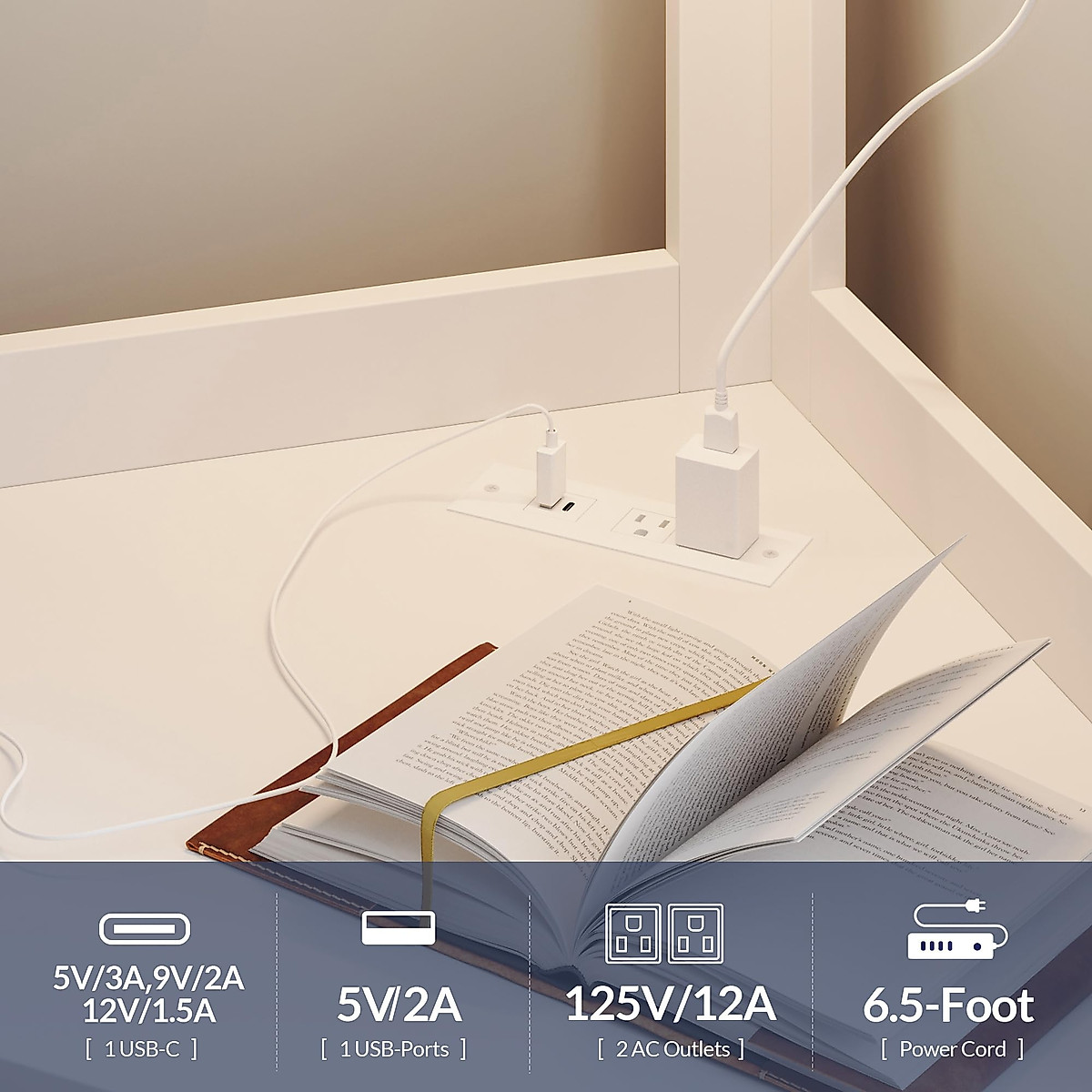 BELLEZE Corner Desk with Hutch, Compact Home Office Desk with Display Shelf and Drawer, Space Saving Writing Desk with Charge Outlets and LED Lights for Living Room, Bedroom - Tate (White)