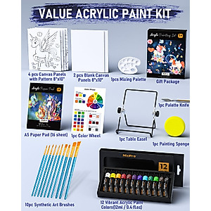Nicpro 34PCS Kids Painting Set with Pattern Canvas, Art Painting Supplies Kit with 12 Acrylic Paints,10 Brushes,6 Canvas Panels,Table Easel,Paper Pad,Color Wheel,Palette for Beginner Student Toddlers