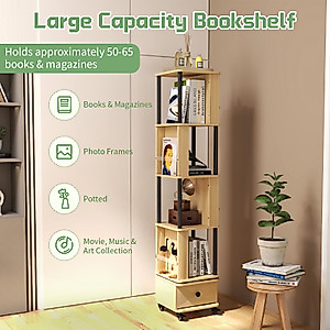 YAGEANNL 4 Tier Rotating Bookshelf with Wheel, 59" Tall Spinning Bookshelf Tower for Kids, Swivel Revolving Bookcase with Drawer Small Corner Bookshelf for Bedroom Library Classroom Narrow Space
