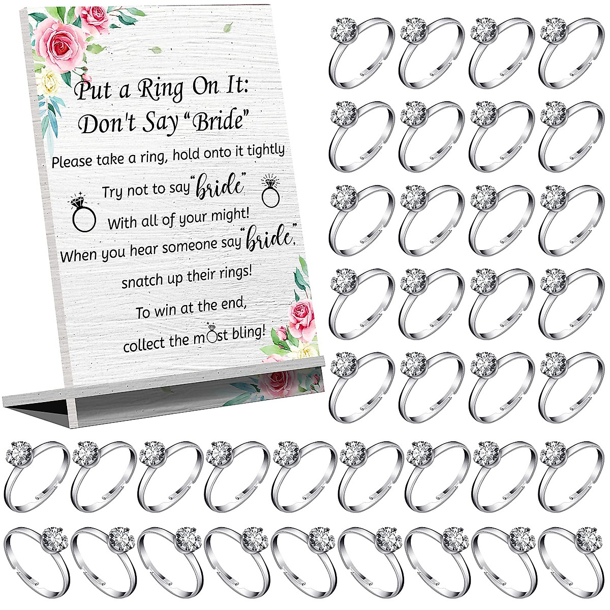 Tatuo Put a Ring on It Bridal Shower Game with 100 Pcs Fake Rings Metal Engagement Rings Rustic Greenery Theme Not Say Bride Rules Wooden Sign Bridal Shower Gifts for Guests(Silver)