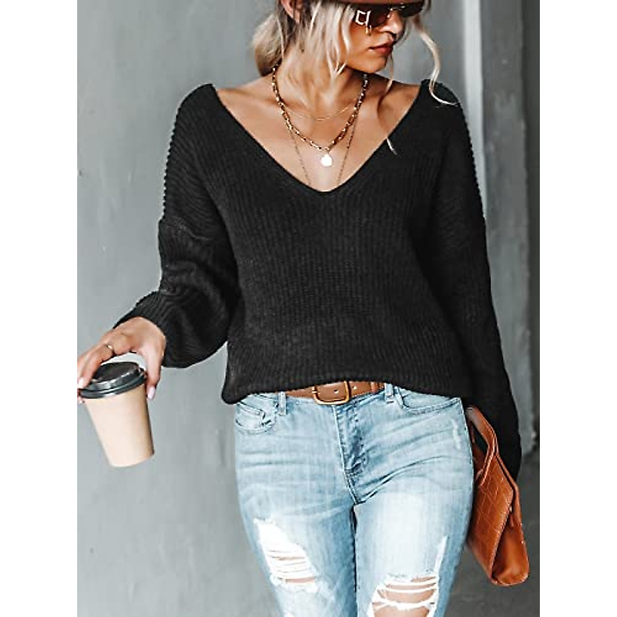CUPSHE Women's V Neck Knit Sweaters Casual Pullover Oversized Fit Top with Long Sleeves, Black M
