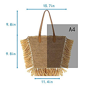 Women Large Fringe Straw Woven Shoulder Bag Summer Beach Top-Handle Bag Travel Tote